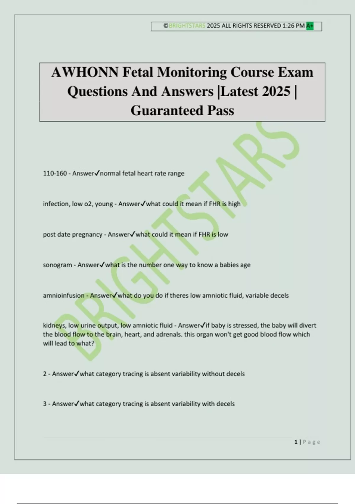 AWHONN Fetal Monitoring Course Exam Questions And Answers |Latest 2025 ...