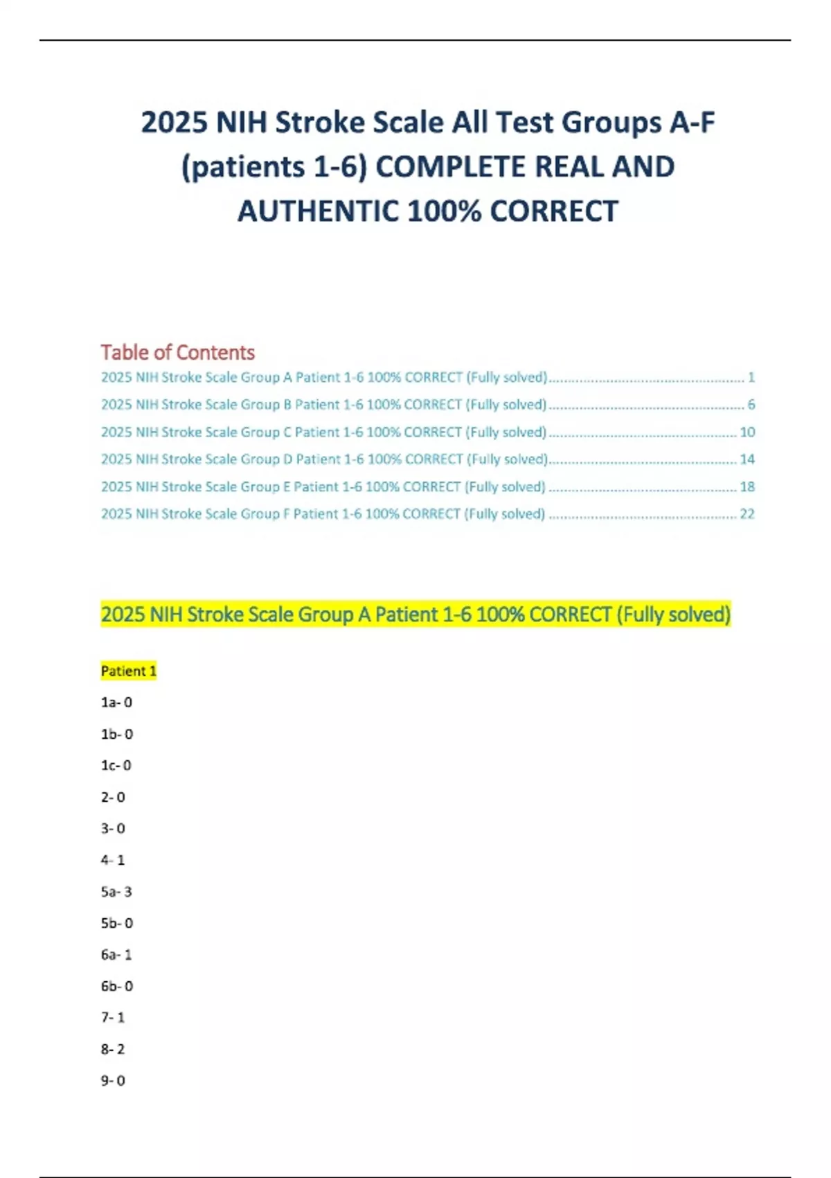 2025 NIH Stroke Scale All Test Groups A-F (patients 1-6) COMPLETE REAL ...