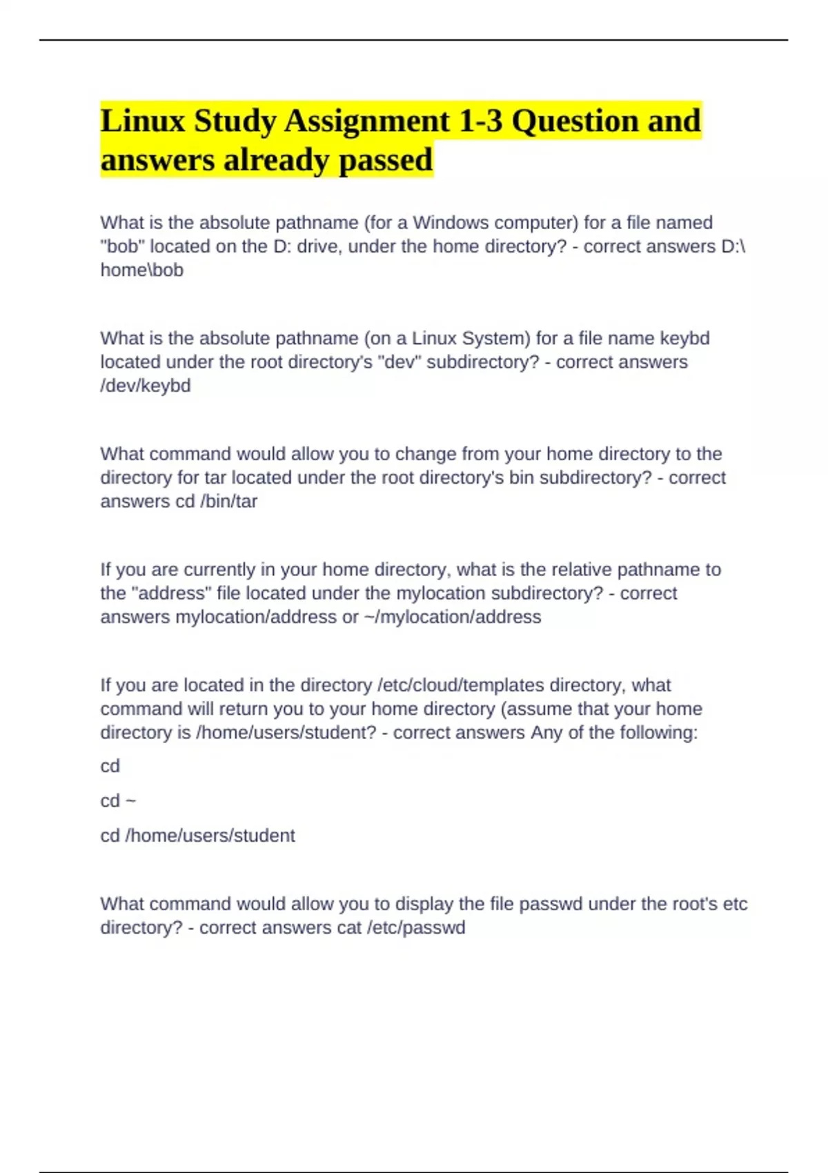 Linux Study Assignment 1-3 Question and answers already passed - Linux - Stuvia US