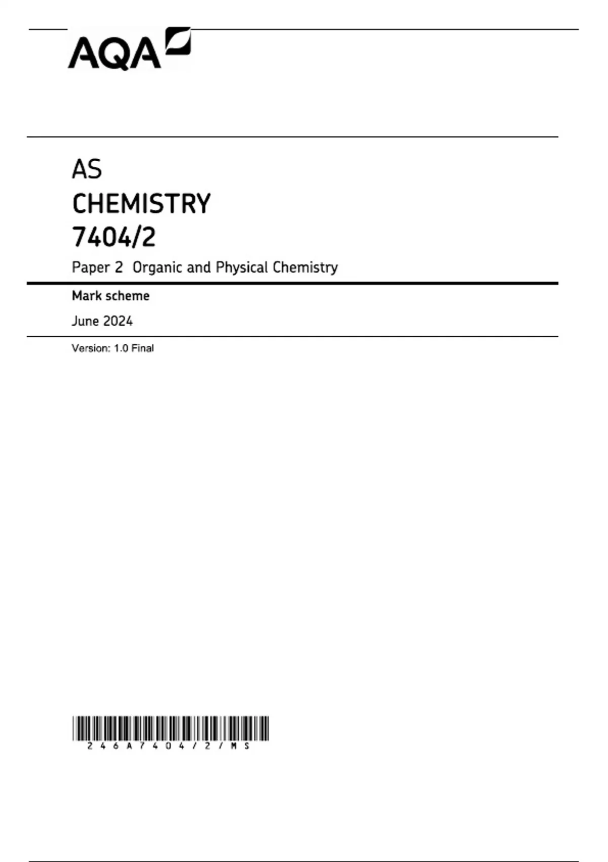 2024 AQA AS CHEMISTRY Paper 2 Mark scheme. - Chem - Stuvia US