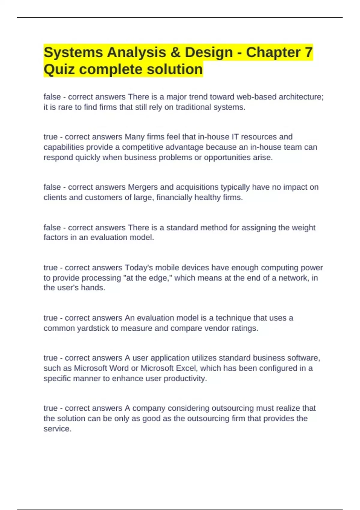 Systems Analysis & Design - Chapter 7 Quiz complete solution - Systems ...