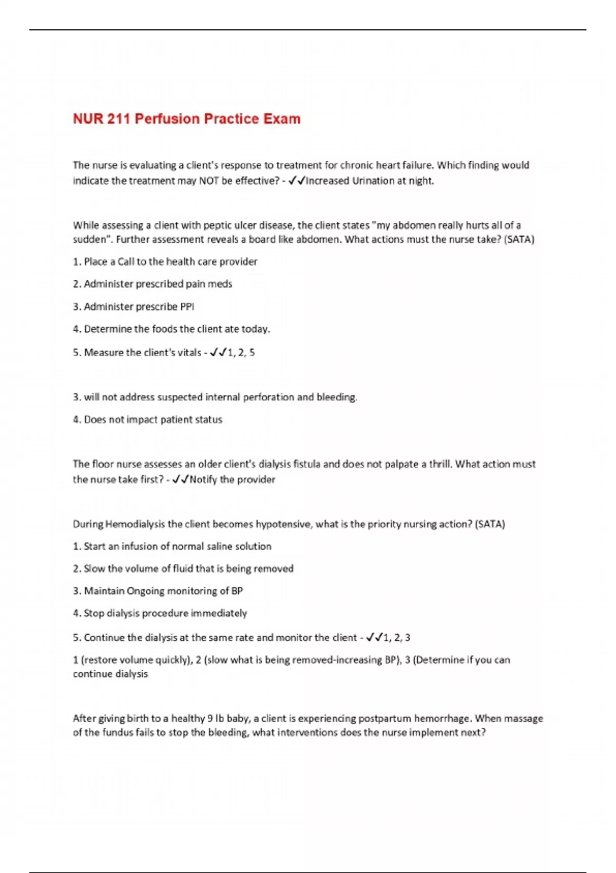 NUR 211 Perfusion Practice Exam - NUR 211 - Stuvia US