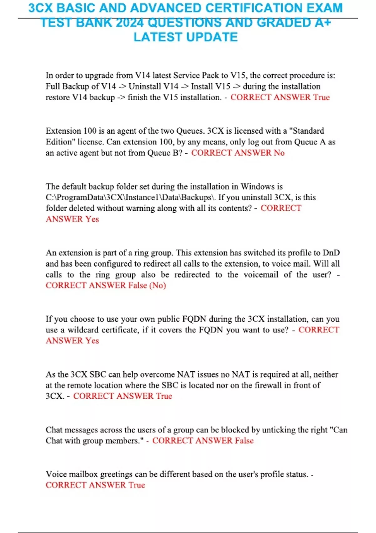 3CX BASIC AND ADVANCED CERTIFICATION EXAM TEST BANK LATEST 2025 UPDATE ...