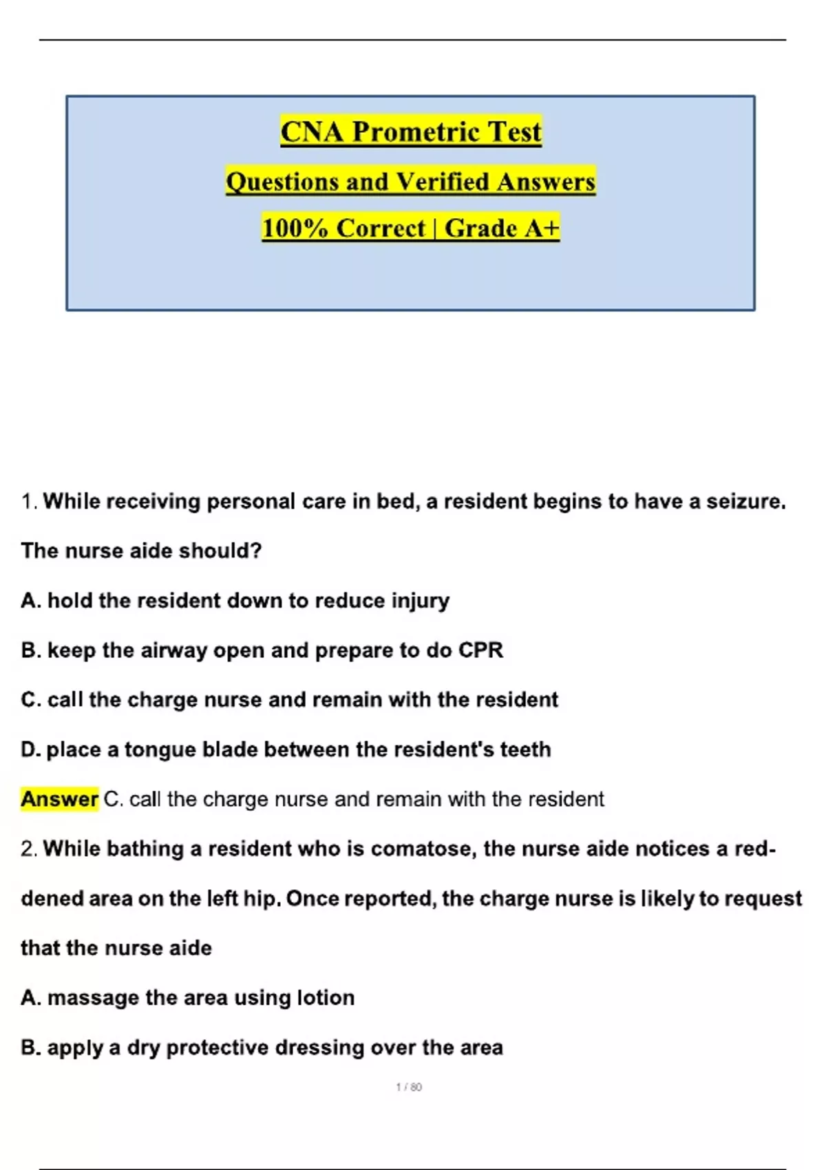 CNA Prometric Test (Latest 2025 / 2026 Update) Questions and Verified ...