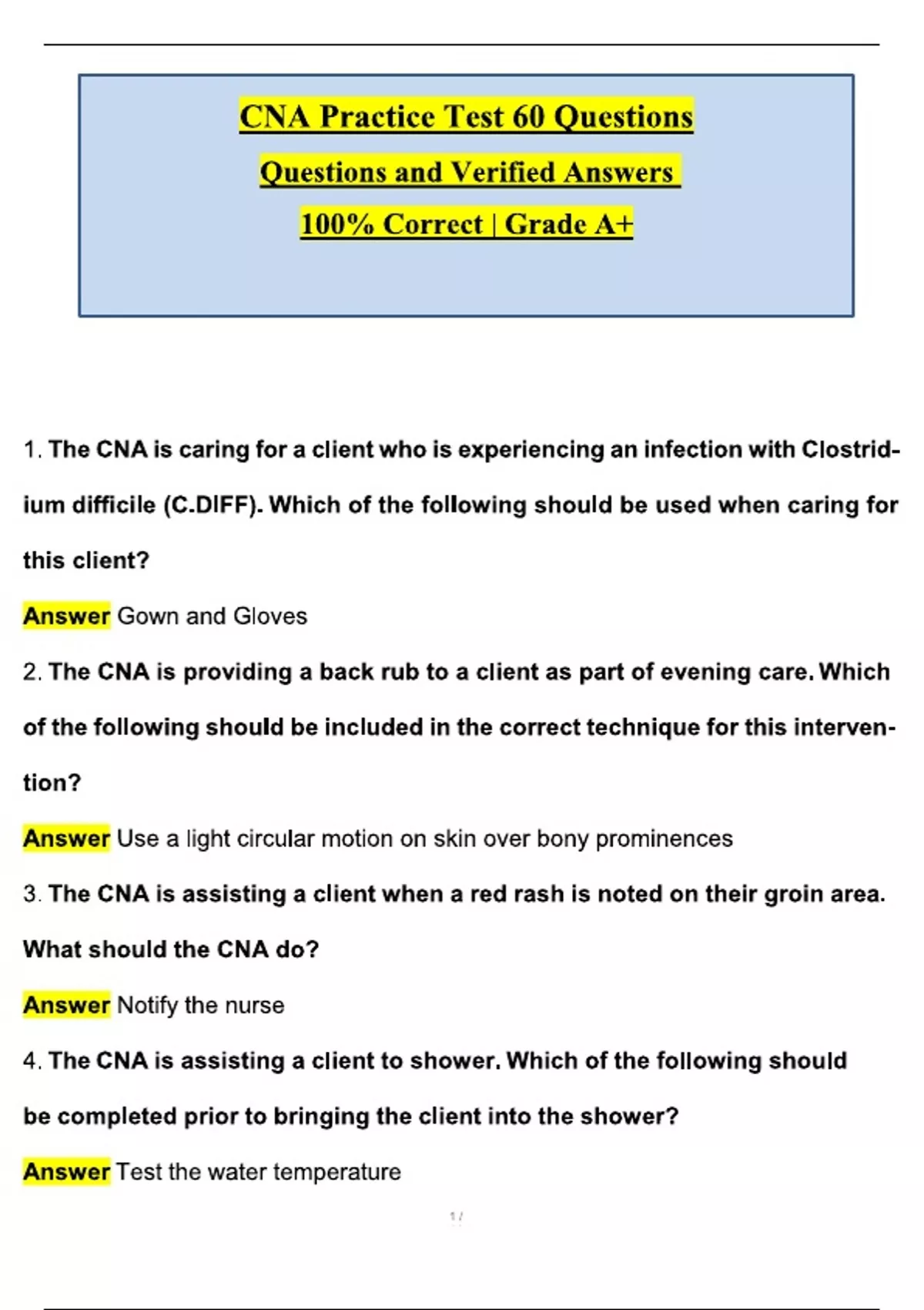 CNA Practice Test (60 Questions) (Latest 2025 / 2026 Update) Questions ...
