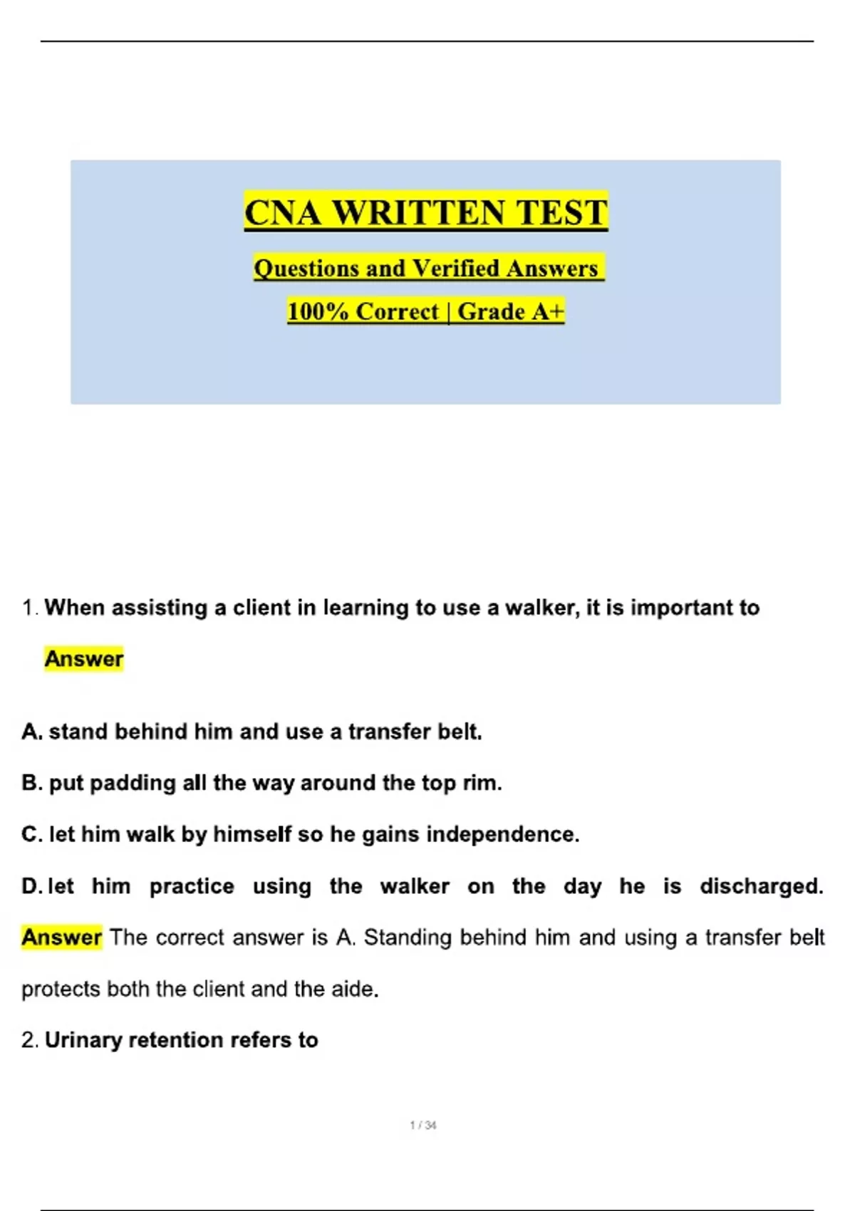 CNA WRITTEN TEST (Latest 2025 / 2026 Update) Questions and Verified ...