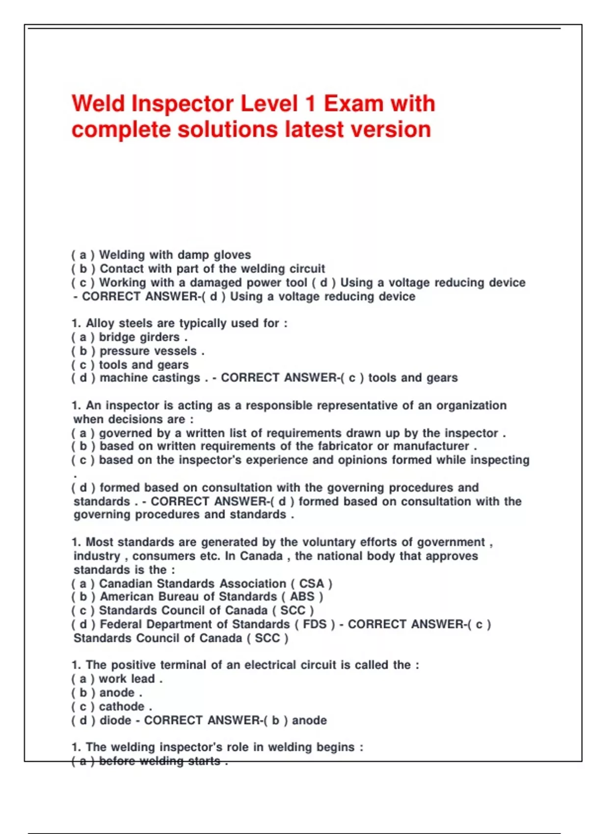 Weld Inspector Level 1 Exam with complete solutions latest version ...