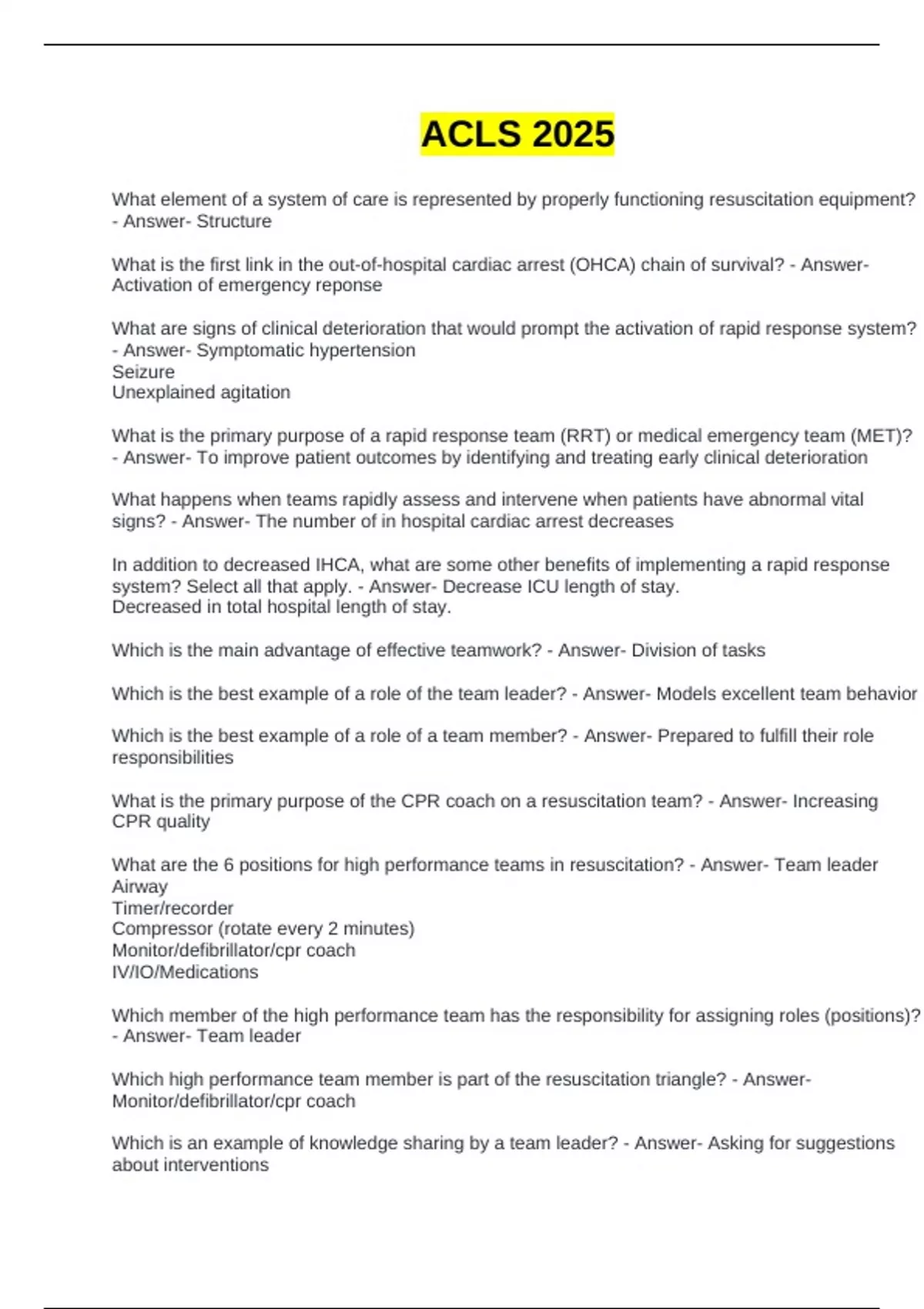ACLS 2025 EXAM QUESTIONS WITH CORRECT ANSWERS - ACLS 2025 - Stuvia US