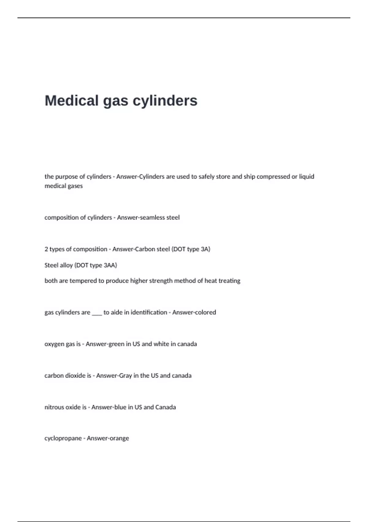 Medical gas cylinders Exam Questions and Answers - MED GAS - Stuvia US