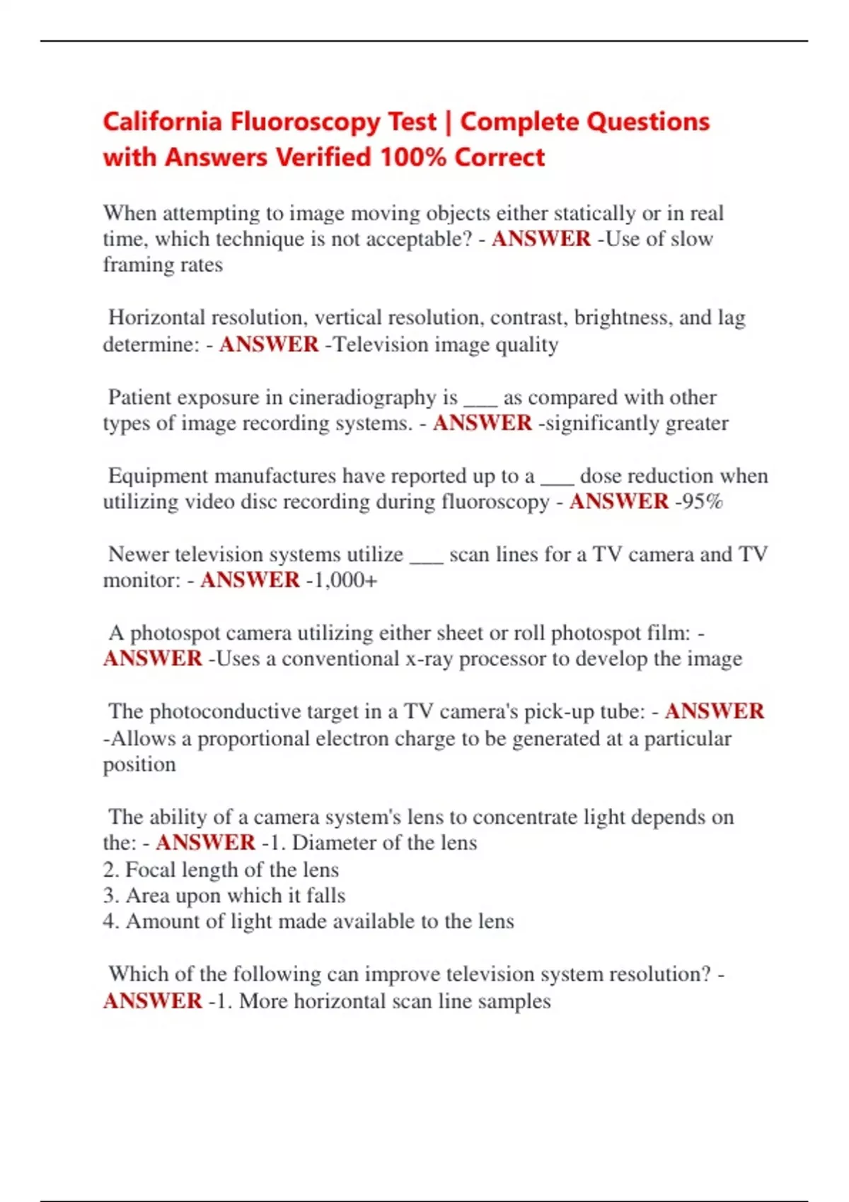California Fluoroscopy Test | Complete Questions with Answers Verified ...