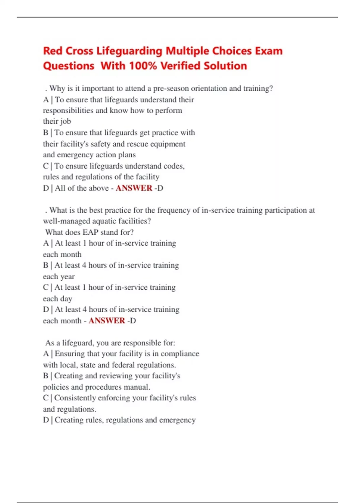 Red Cross Lifeguarding Multiple Choices Exam Questions With 100% ...