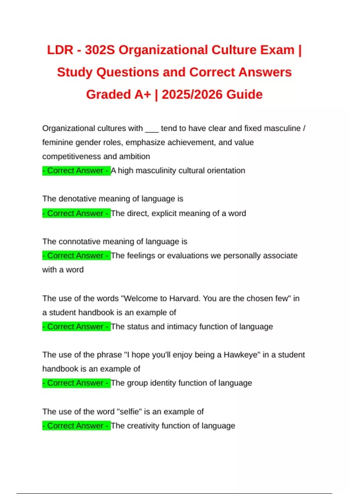 BUNDLE FOR LDR 302S PRACTICE EXAM | ORGANIZATIONAL CULTURE EXAM | STUDY QUESTIONS AND ANSWERS ...