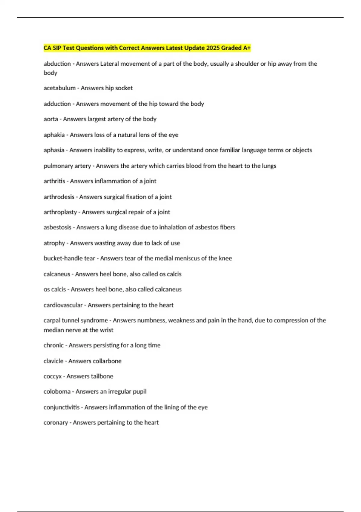 CA SIP Test Questions with Correct Answers Latest Update 2025 Graded A+ ...