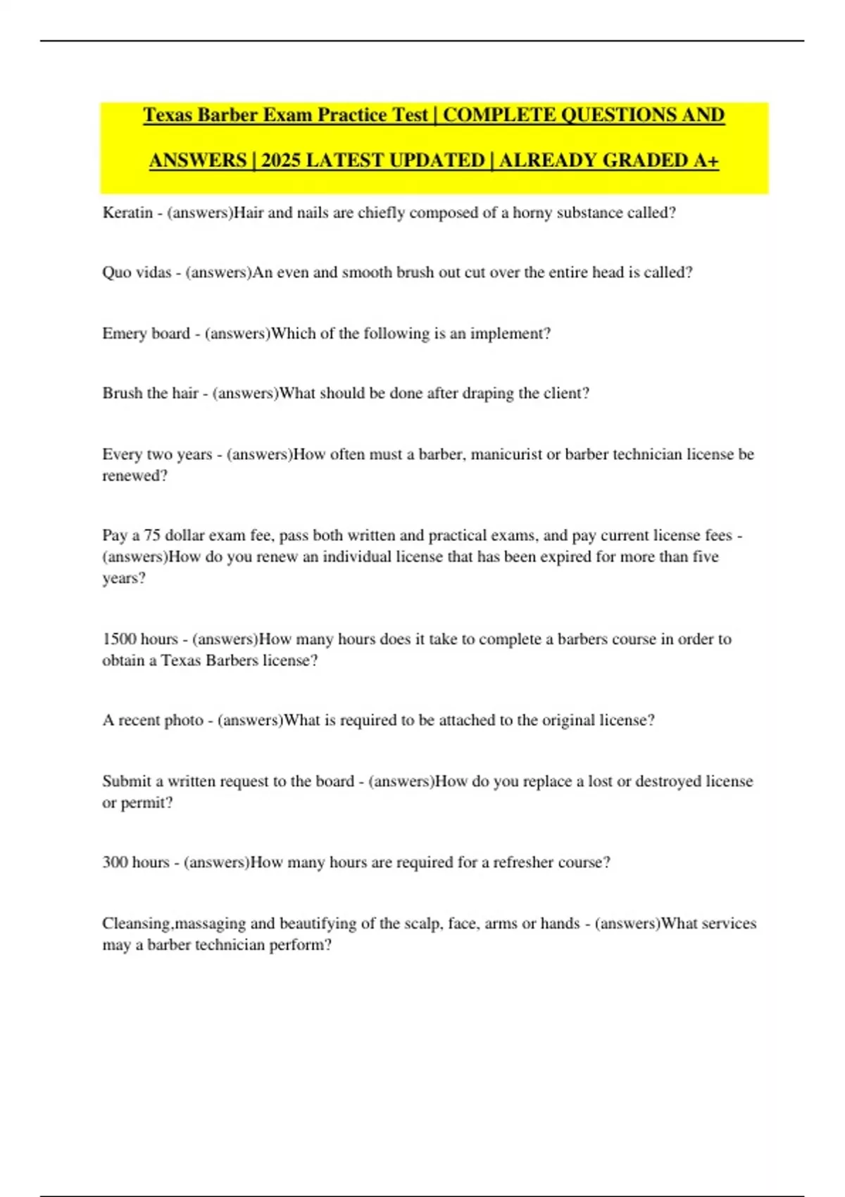 Texas Barber Exam Practice Test | COMPLETE QUESTIONS AND ANSWERS | 2025 ...