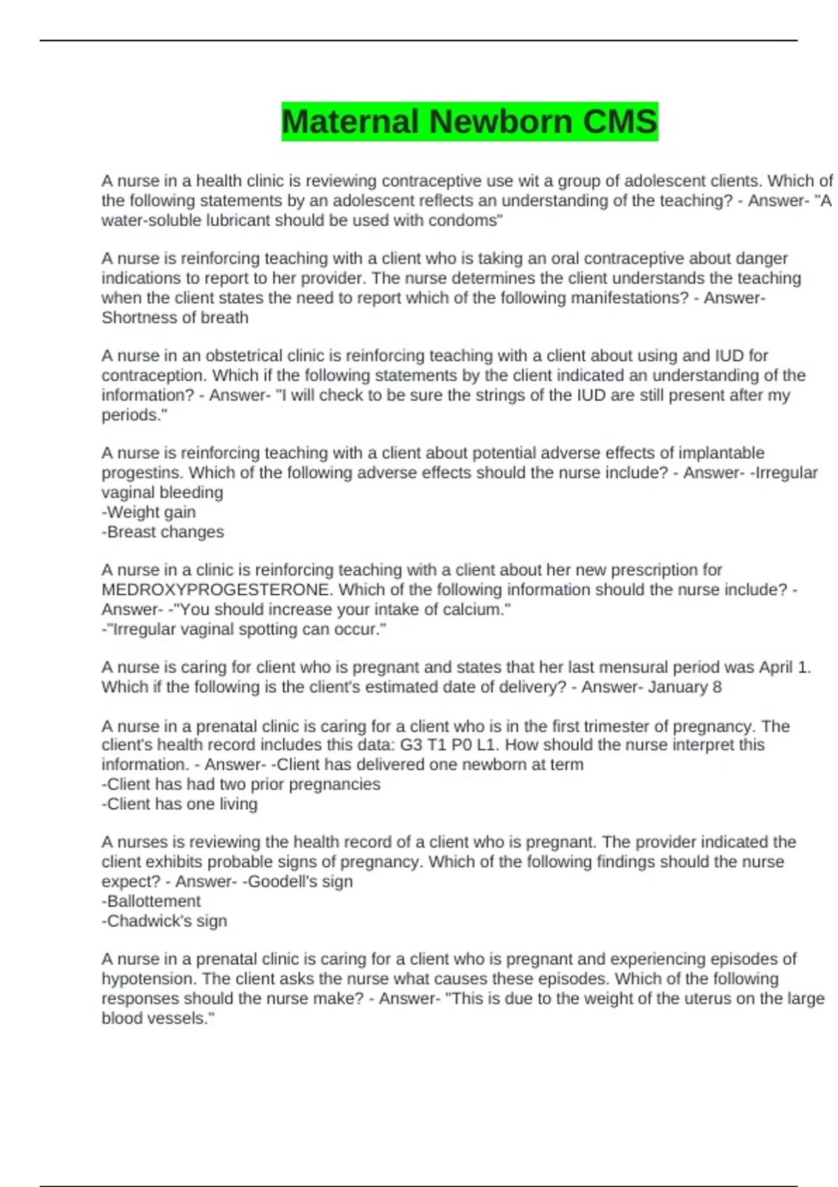 Maternal Newborn CMS Exam Questions and Answers - Maternal Newborn CMS ...