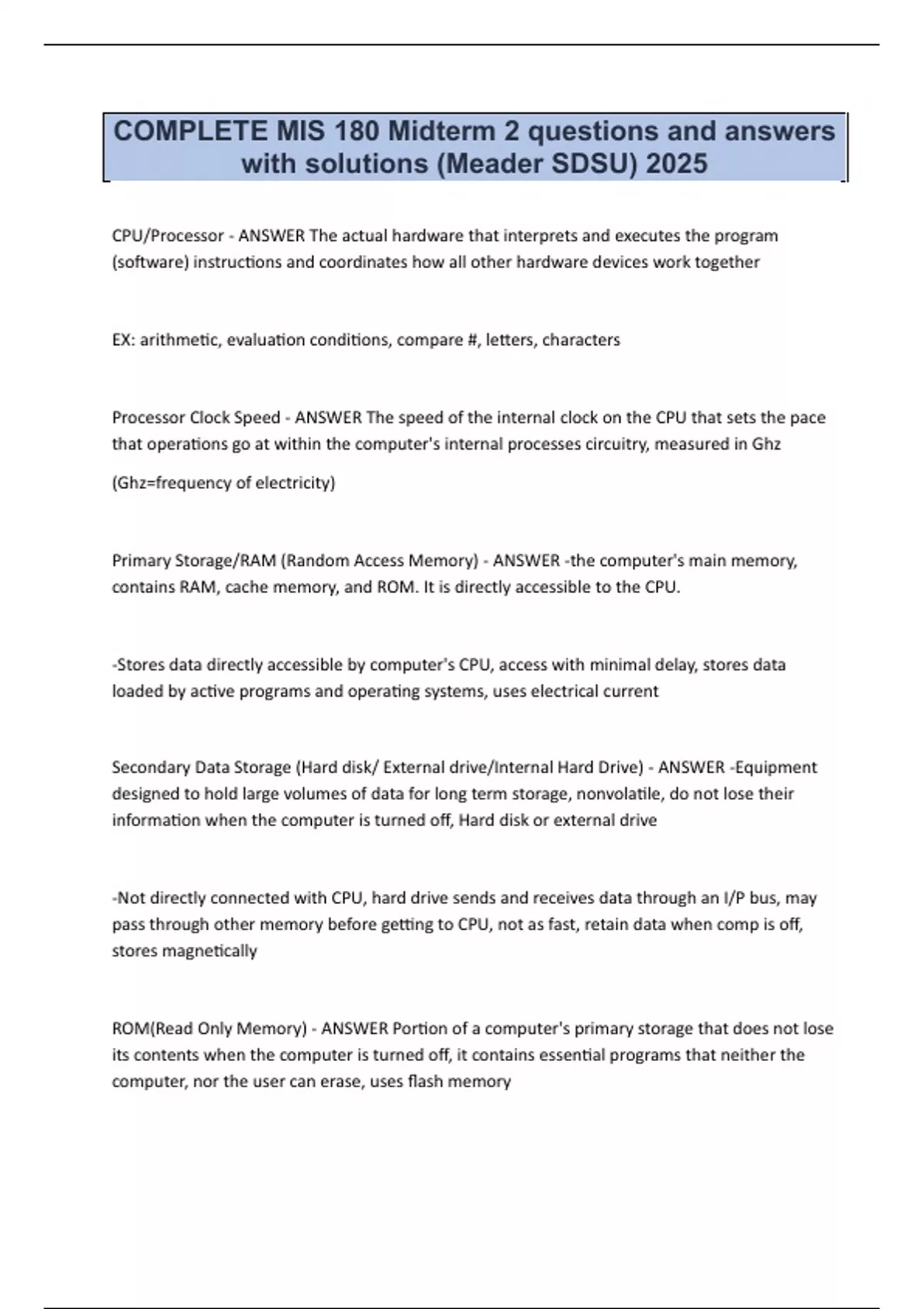 COMPLETE MIS 180 Midterm 2 questions and answers with solutions - MIS ...