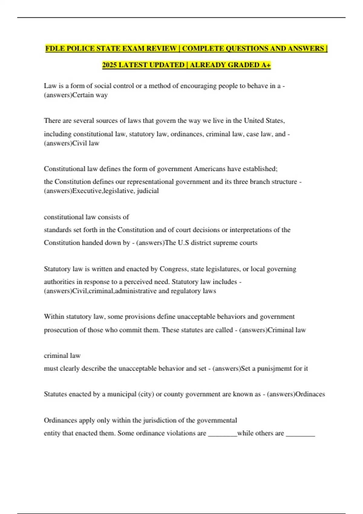 FDLE POLICE STATE EXAM REVIEW | COMPLETE QUESTIONS AND ANSWERS | 2025 ...