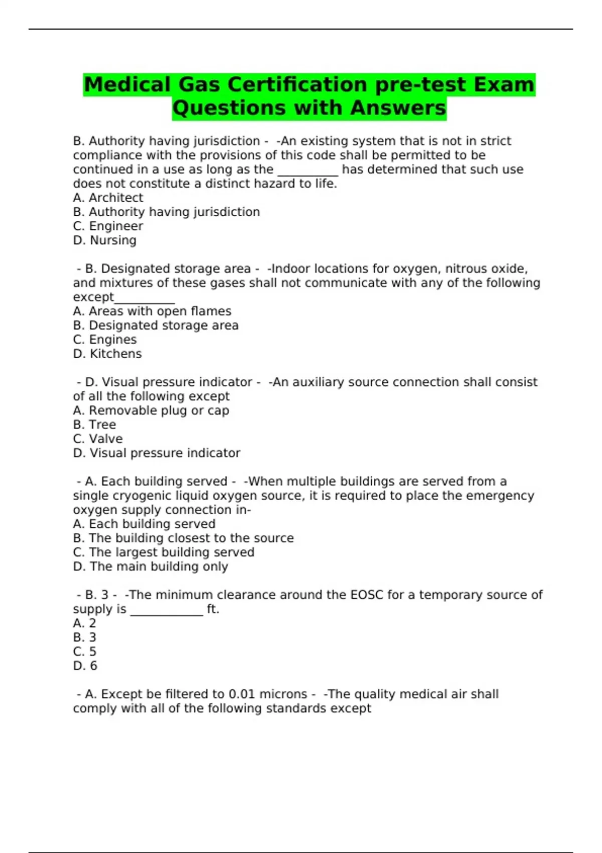 Medical Gas Certification pre-test Exam Questions with Answers ...