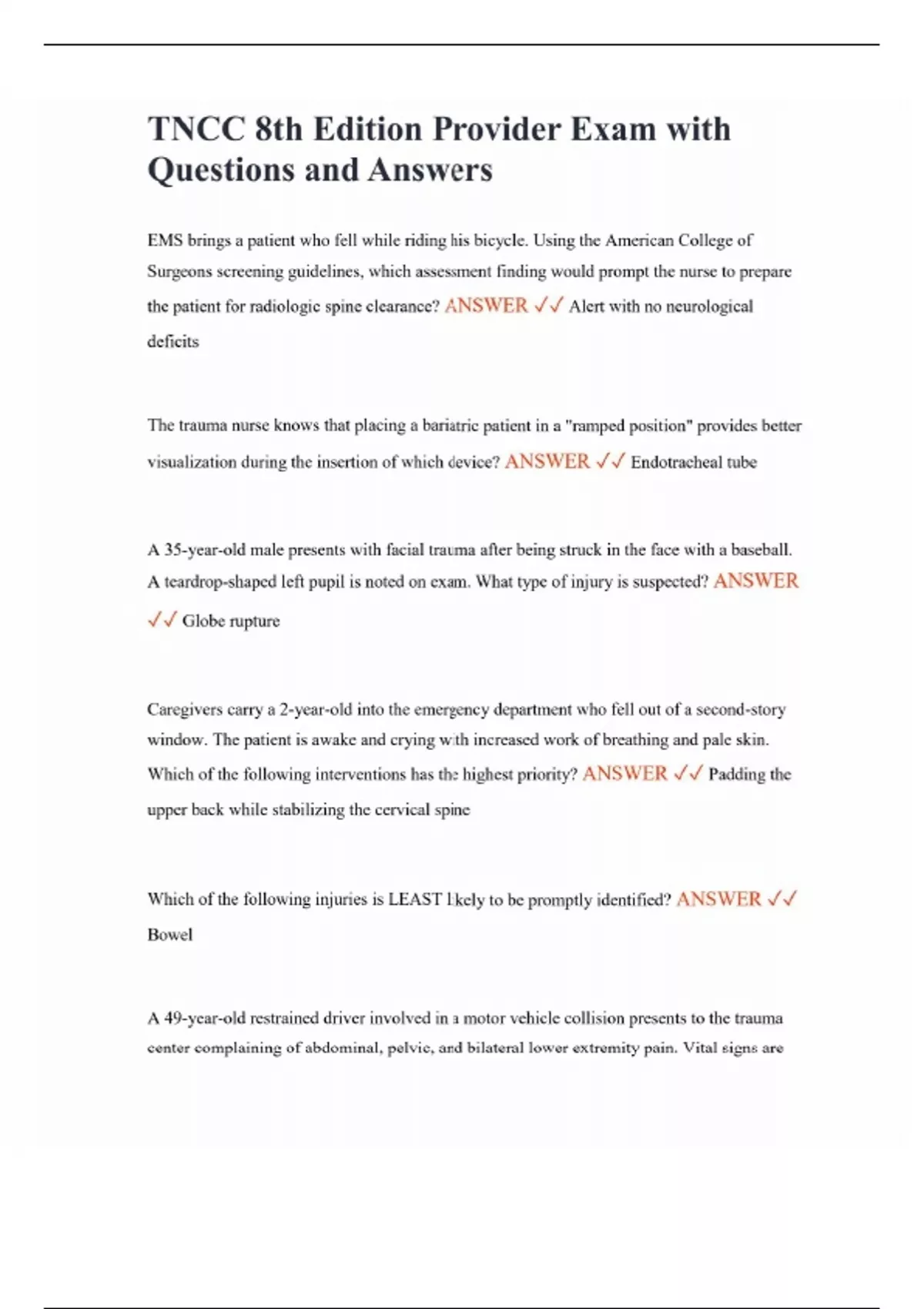 TNCC 8th Edition Provider Exam with Questions and Answers - TNCC ...