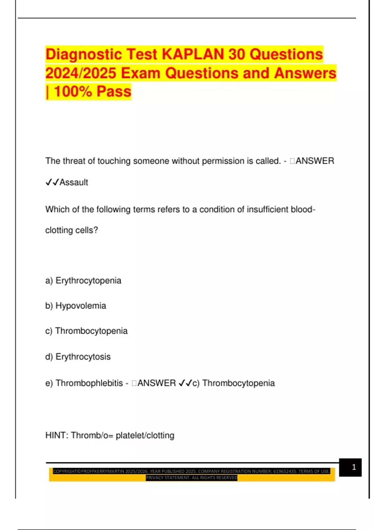Diagnostic Test KAPLAN 30 Questions 2024/2025 Exam Questions and ...