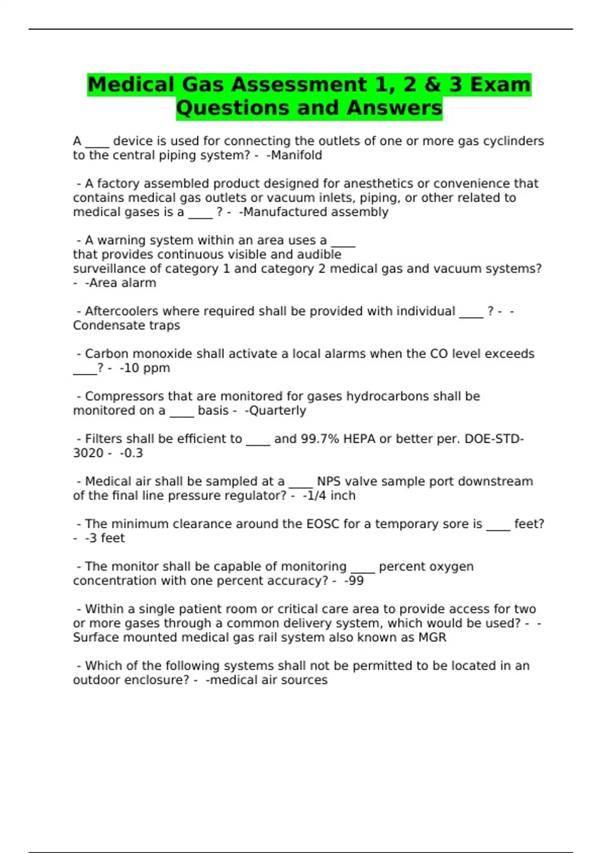 Medical Gas Assessment 1, 2 & 3 Exam Questions and Answers - Medical ...