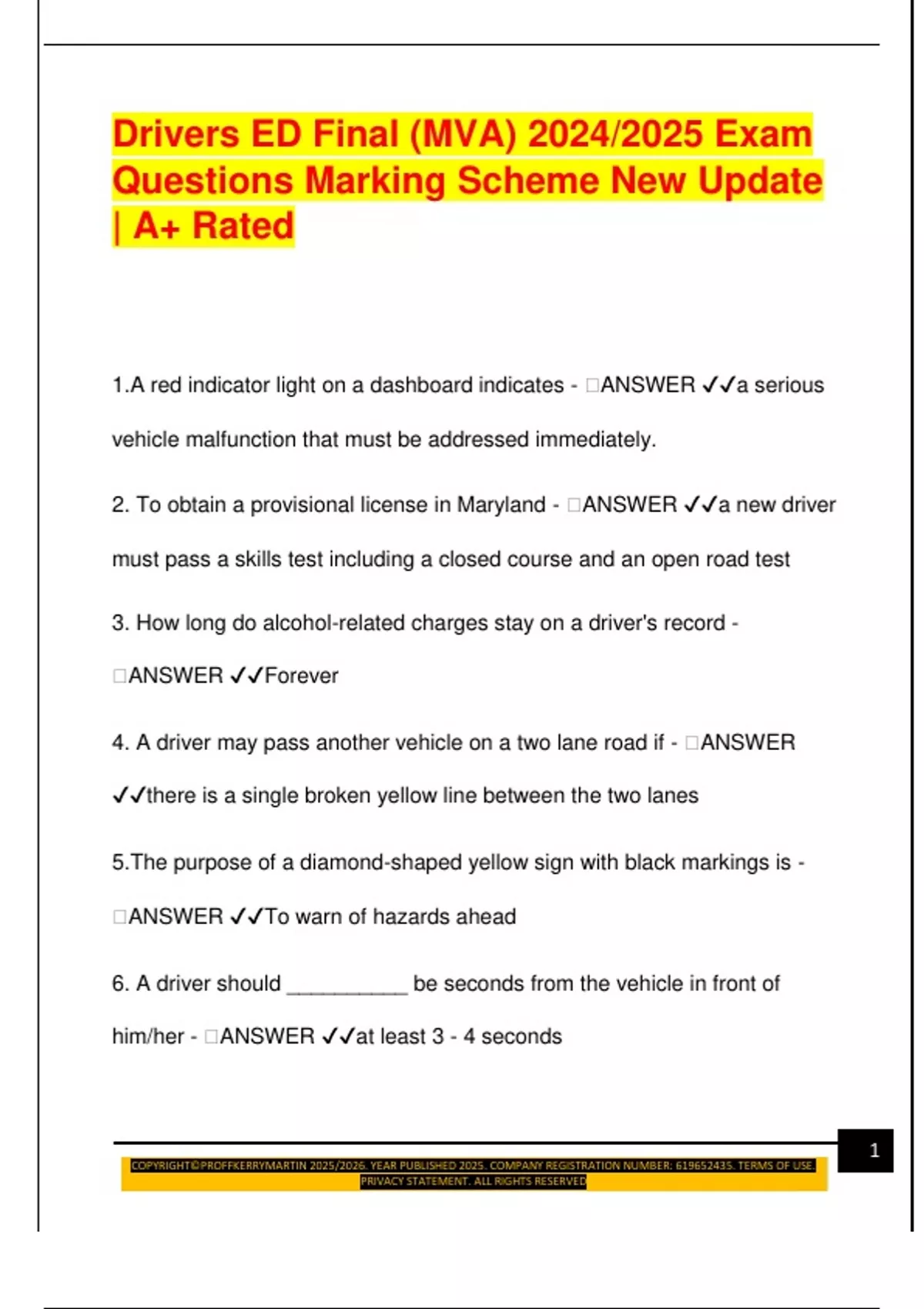 Drivers ED Final (MVA) 2024/2025 Exam Questions Marking Scheme New Update | A+ Rated - Drivers ...