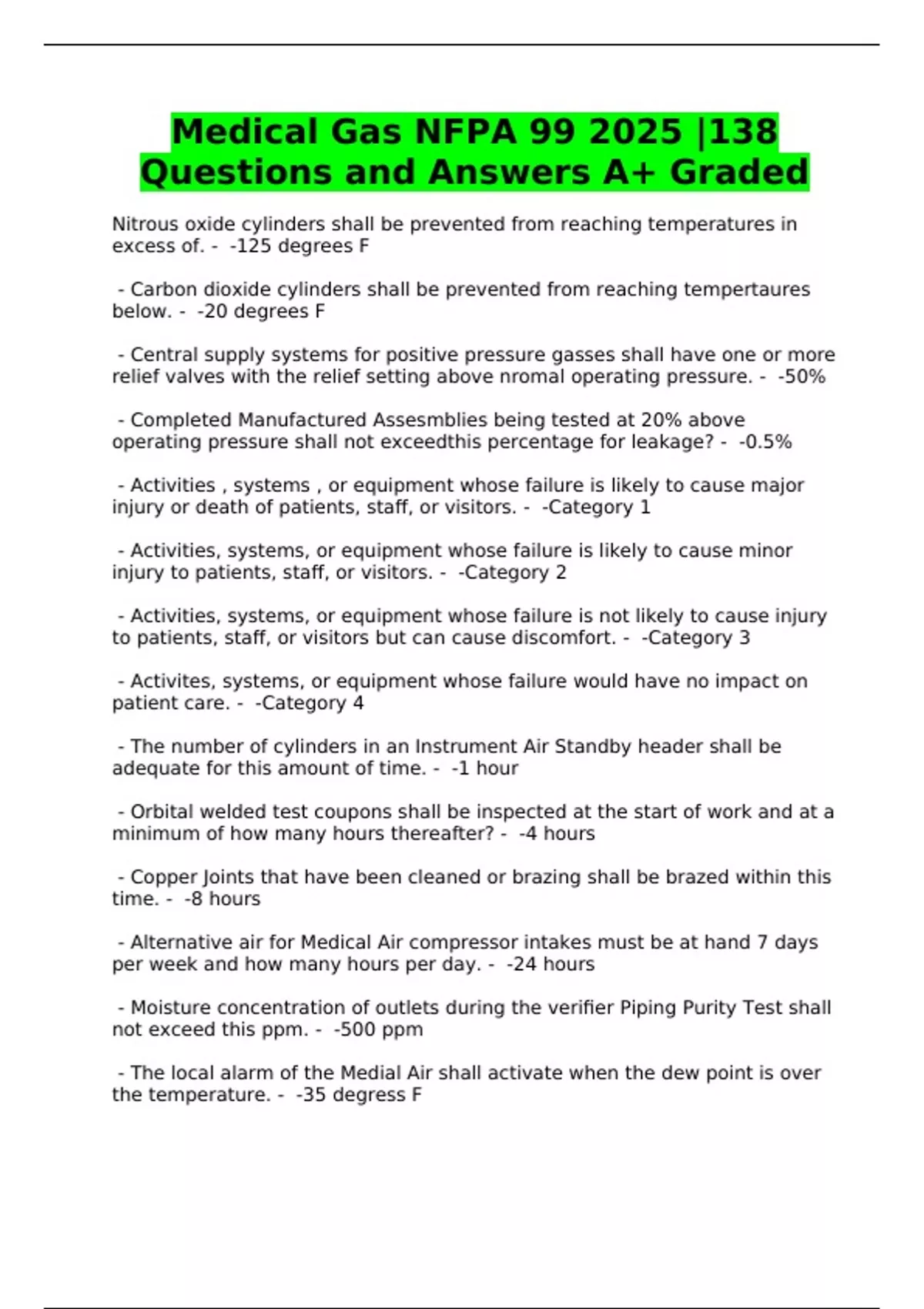 Medical Gas NFPA 99 2025 |138 Questions and Answers A+ Graded - Medical ...