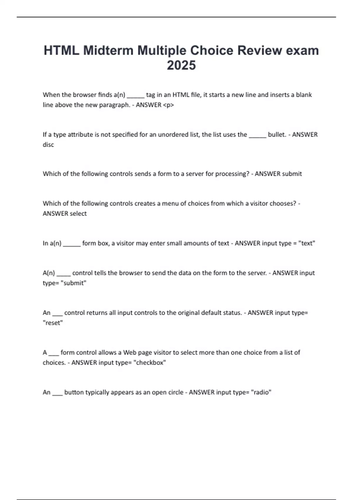 HTML Midterm Multiple Choice Review exam 2025 - Html - Stuvia US