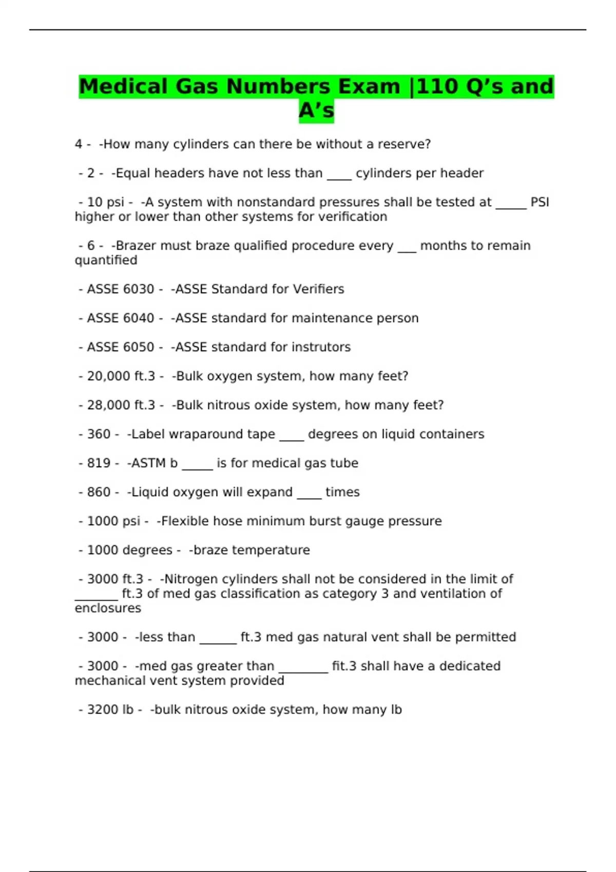 Medical Gas Numbers Exam |110 Q’s and A’s - Medical Gas Numbers - Stuvia US