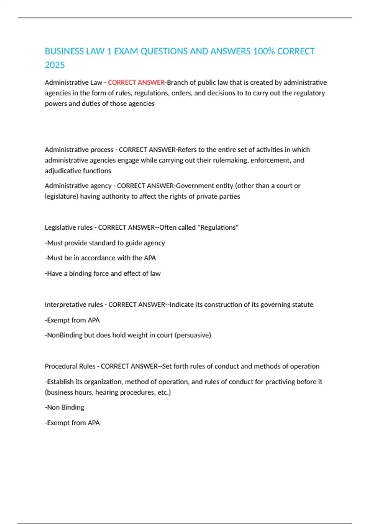BUSINESS LAW 1 EXAM QUESTIONS AND ANSWERS 100% CORRECT 2025 - BUSINESS ...