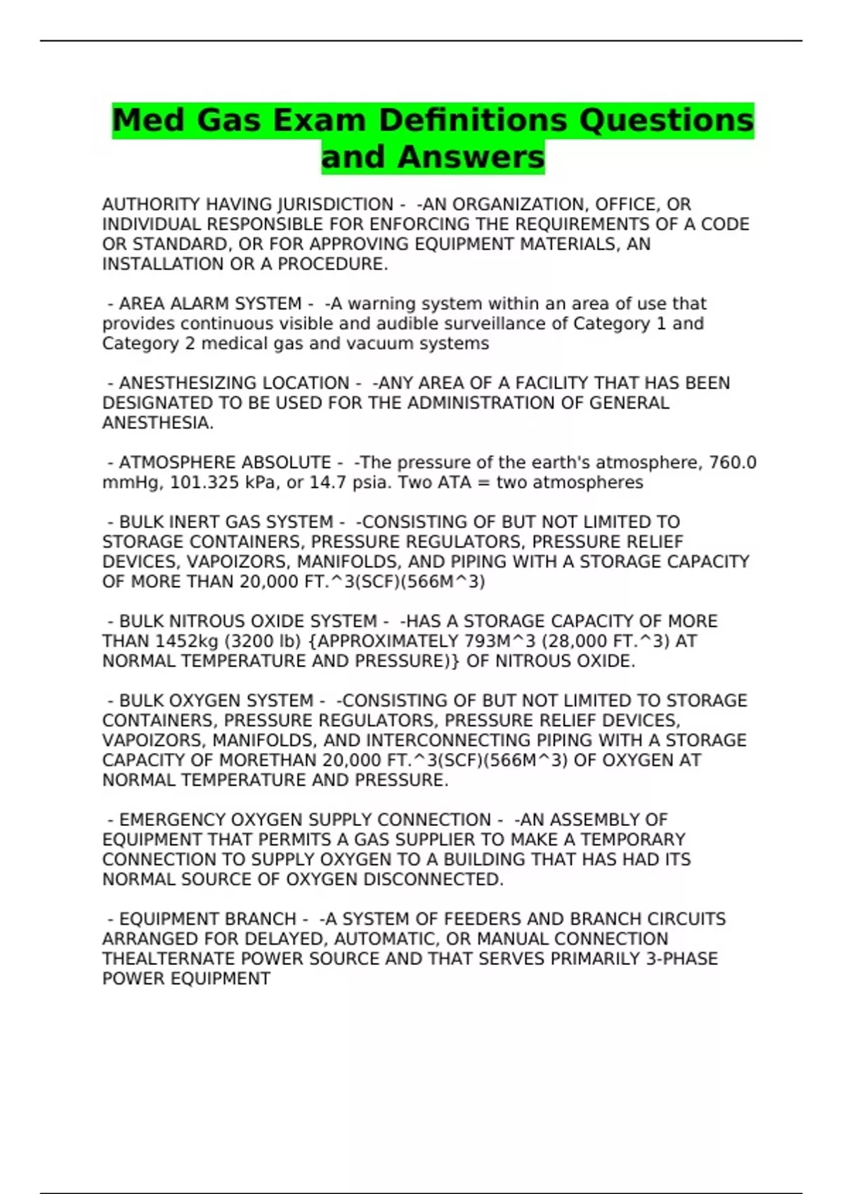 Med Gas Exam Definitions Questions and Answers - Med Gas - Stuvia US