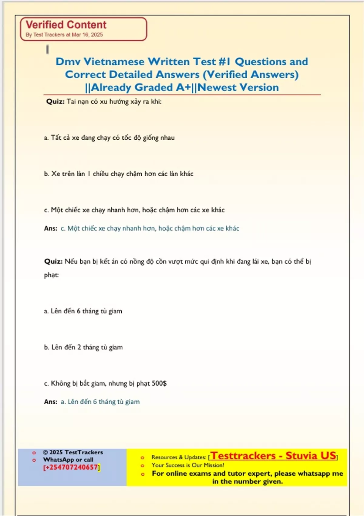 Dmv Vietnamese Written Test #1 Questions and Correct Detailed Answers ...