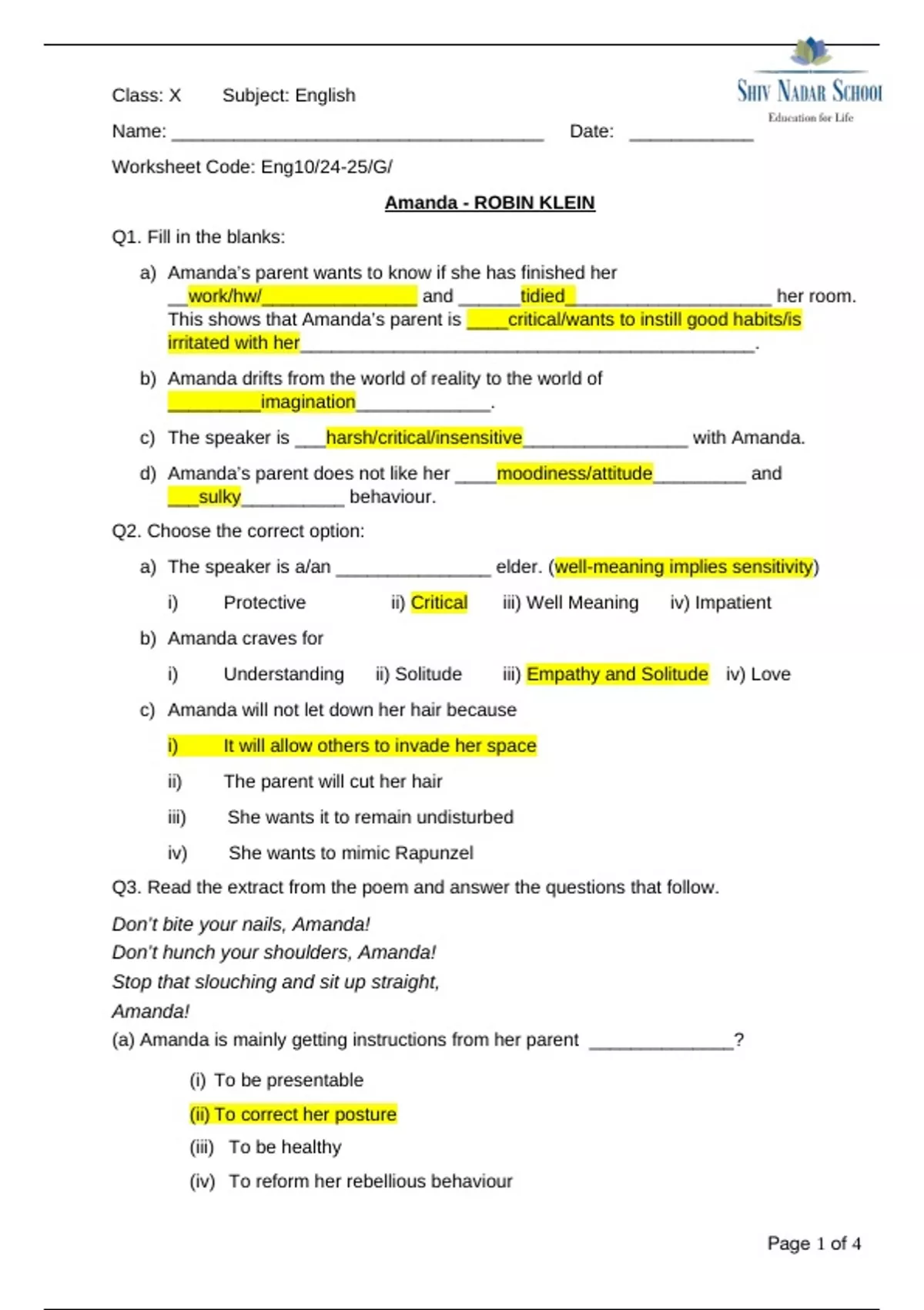 Answerkey CLASS 10 Amanda 2026 Boards - English - Stuvia US