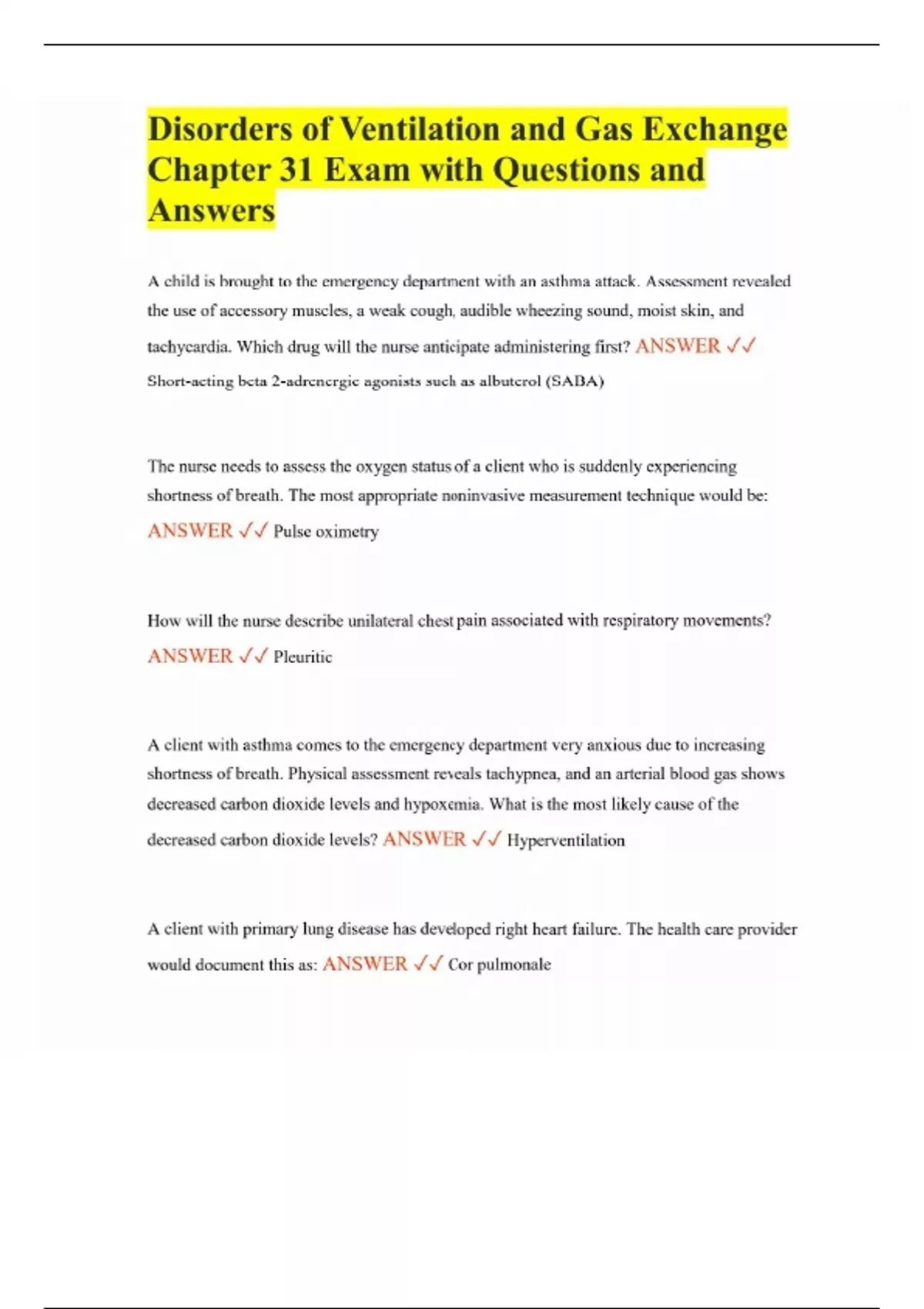 Disorders of Ventilation and Gas Exchange Chapter 31 Exam with ...