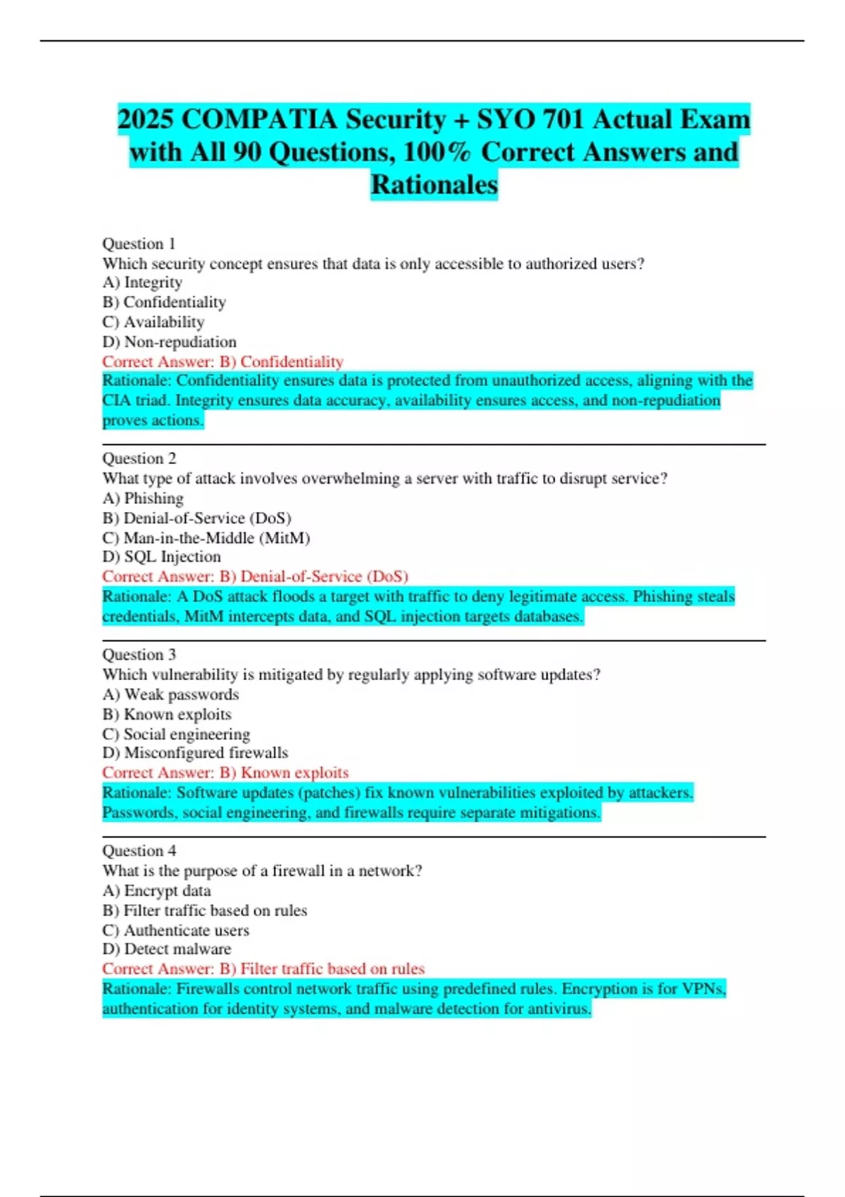2025 COMPATIA Security + SYO 701 Actual Exam with All 90 Questions, 100 ...