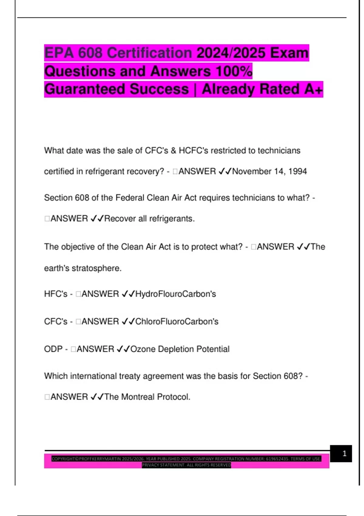 EPA 608 Certification 2024/2025 Exam Questions and Answers 100% ...