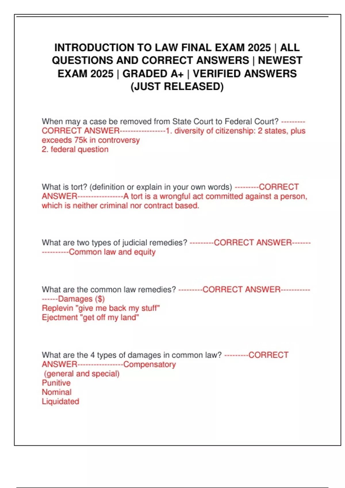 INTRODUCTION TO LAW FINAL EXAM 2025 | ALL QUESTIONS AND CORRECT ANSWERS ...