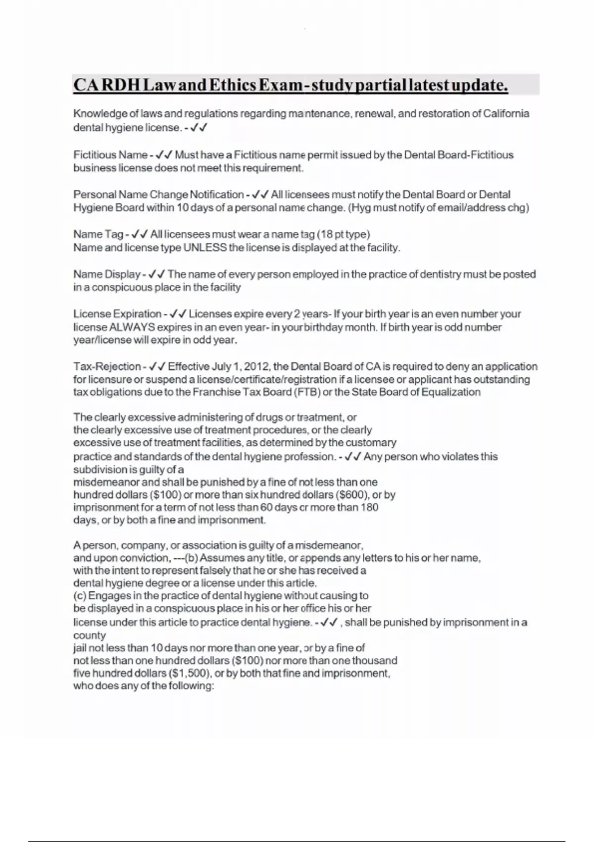 CA RDH Law and Ethics Exam - study partial latest update. - CA RDH Law ...