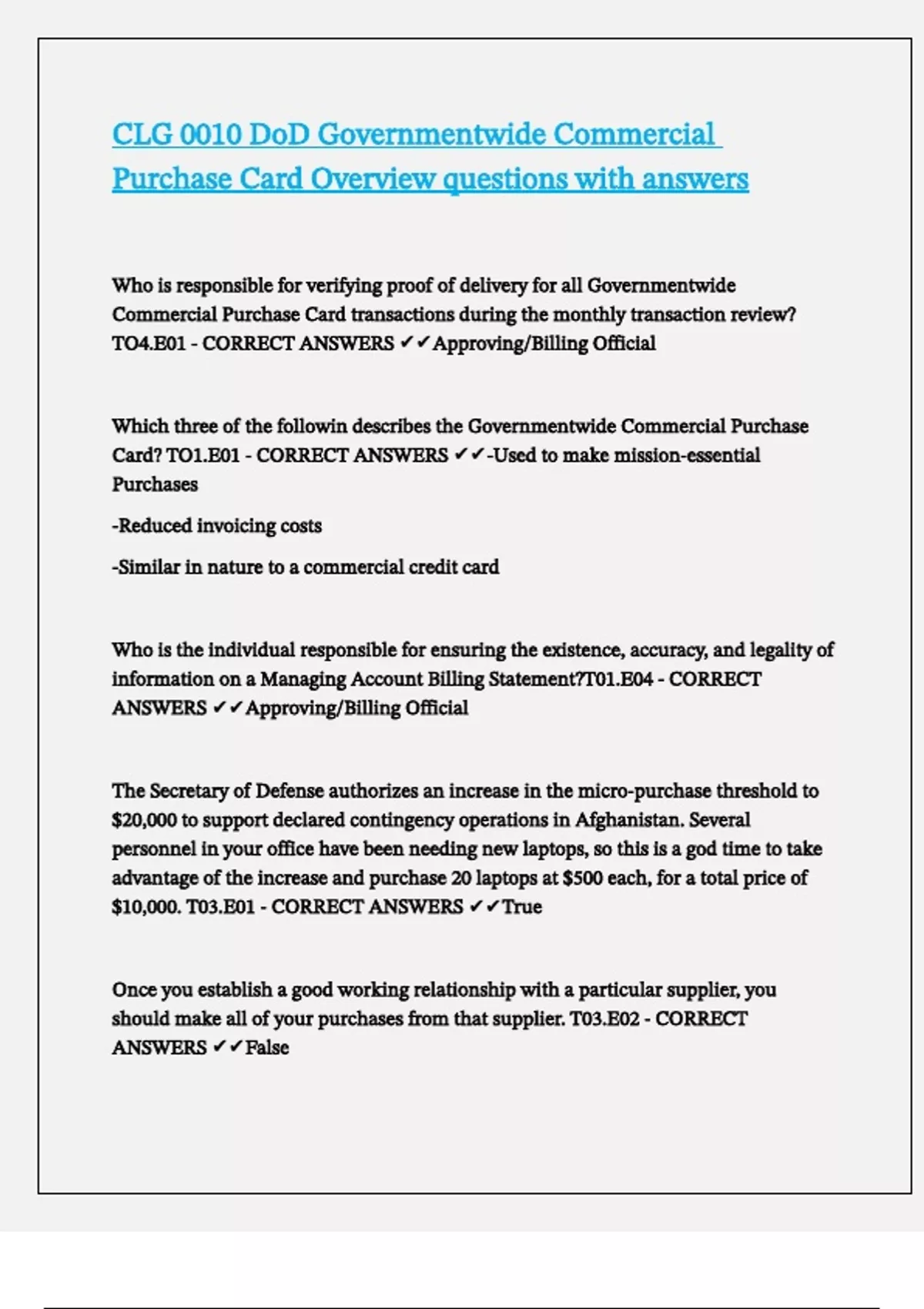 CLG 0010 DoD Governmentwide Commercial Purchase Card Overview questions with answers - CLG 0010 ...