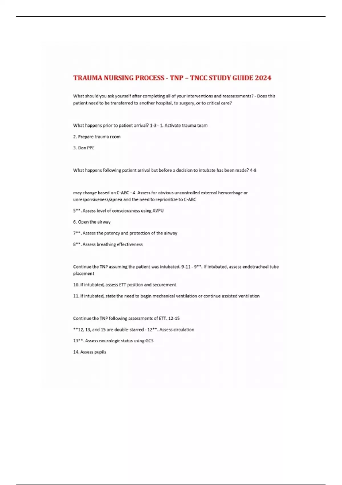 TRAUMA NURSING PROCESS - TNP – TNCC STUDY GUIDE 2024 - TNCC-Trauma Nursing Core Course - Stuvia US
