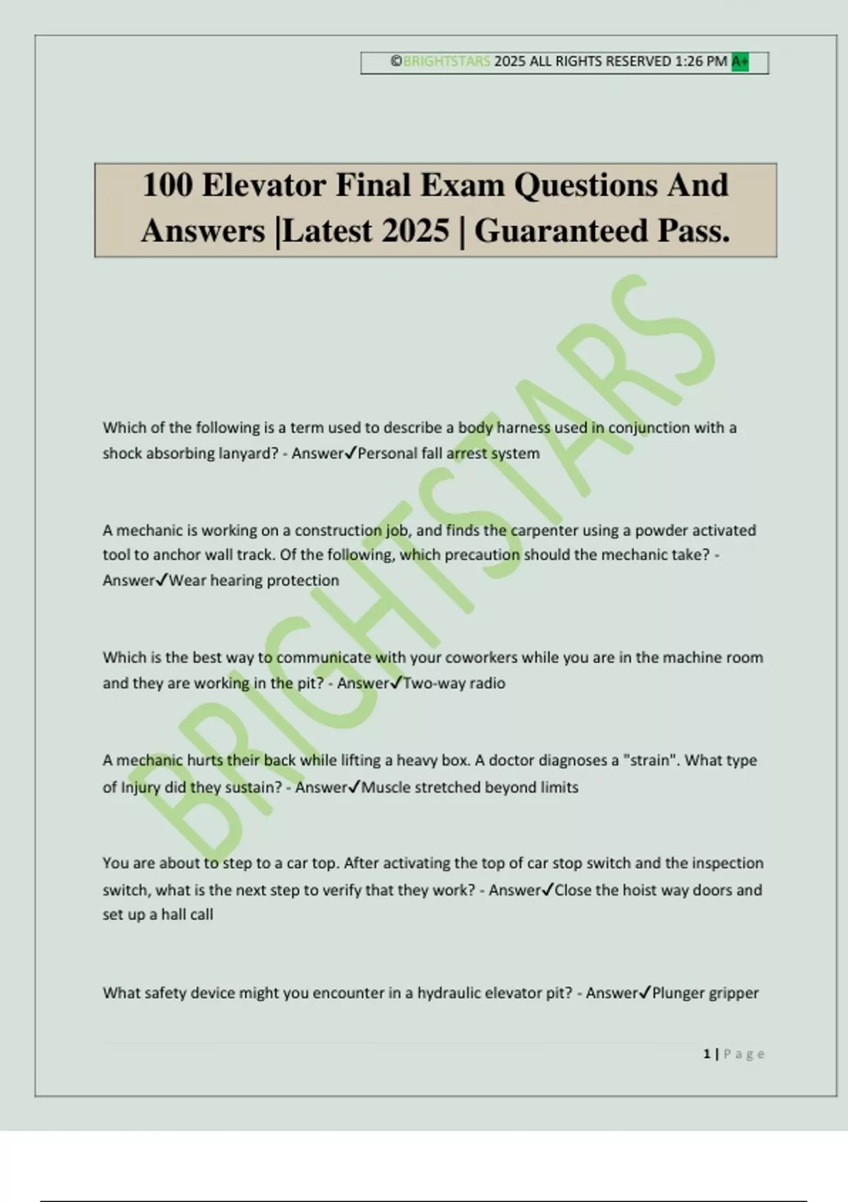 100 Elevator Final Exam Questions And Answers |Latest 2025 | Guaranteed ...