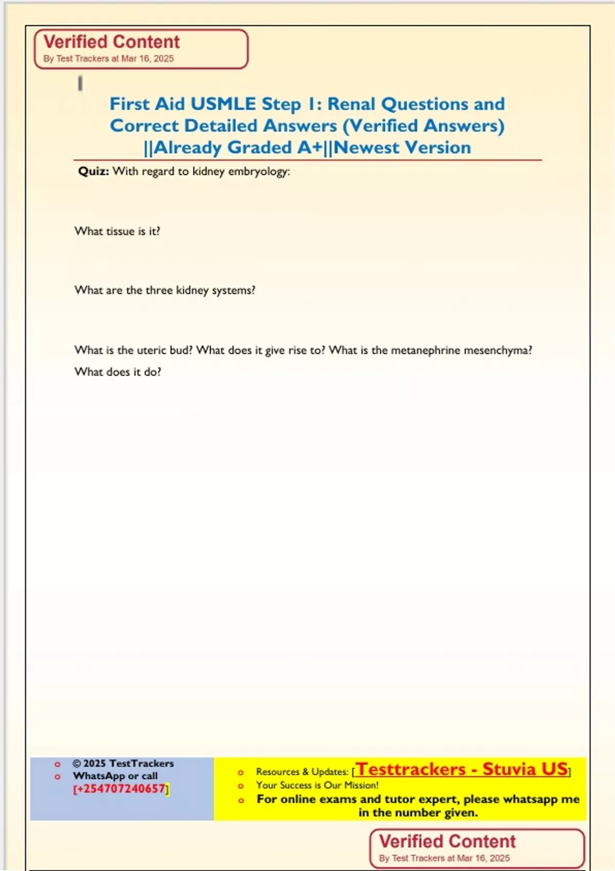 First Aid USMLE Step 1: Renal Questions and Correct Detailed Answers ...