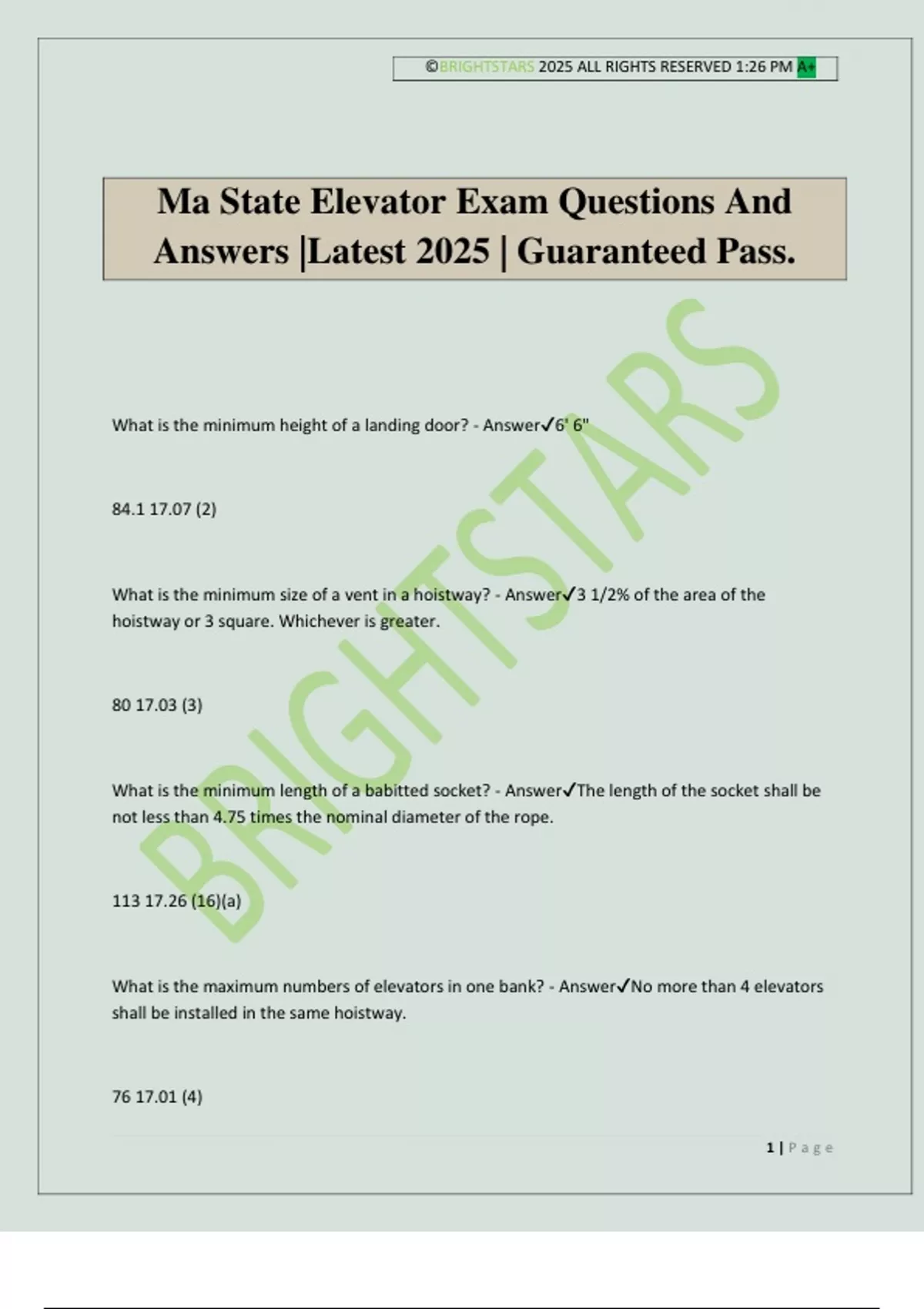 Ma State Elevator Exam Questions And Answers |Latest 2025 | Guaranteed ...