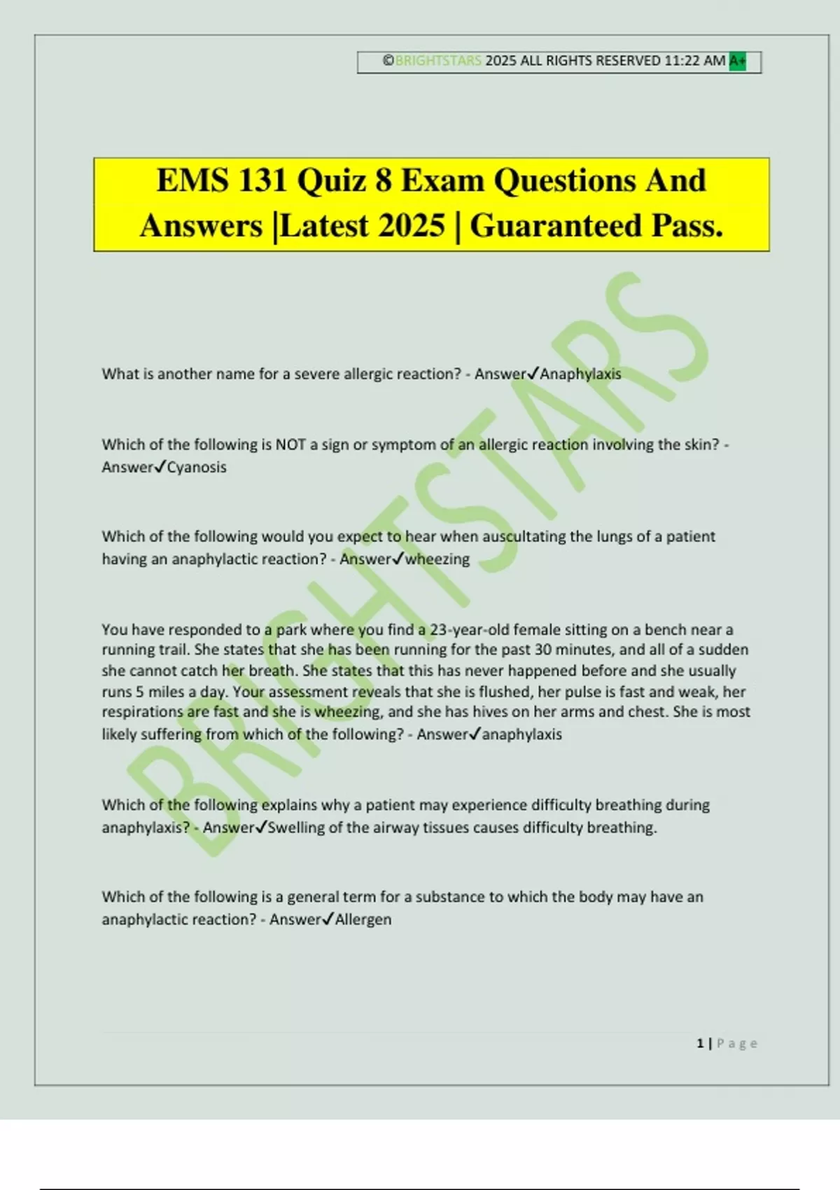EMS 131 Quiz 8 Exam Questions And Answers |Latest 2025 | Guaranteed ...