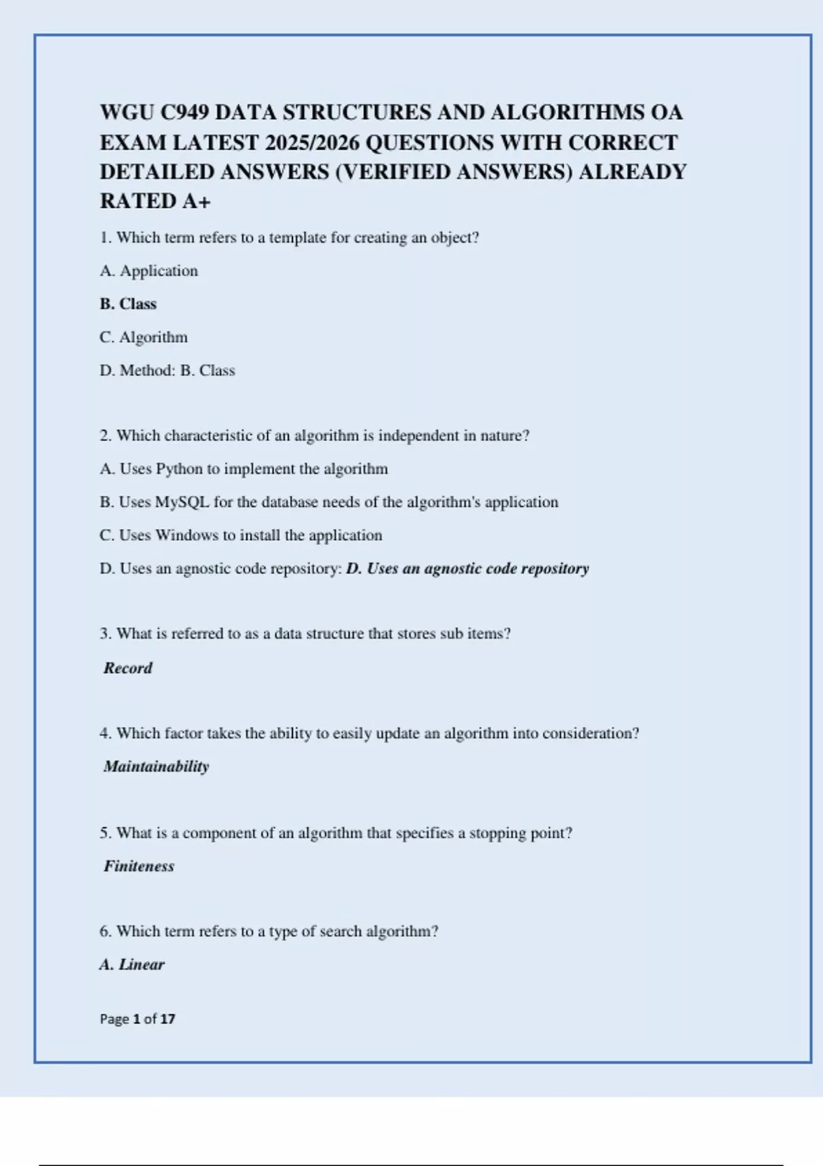 WGU C949 DATA STRUCTURES AND ALGORITHMS OA EXAM LATEST 2025/2026 ...