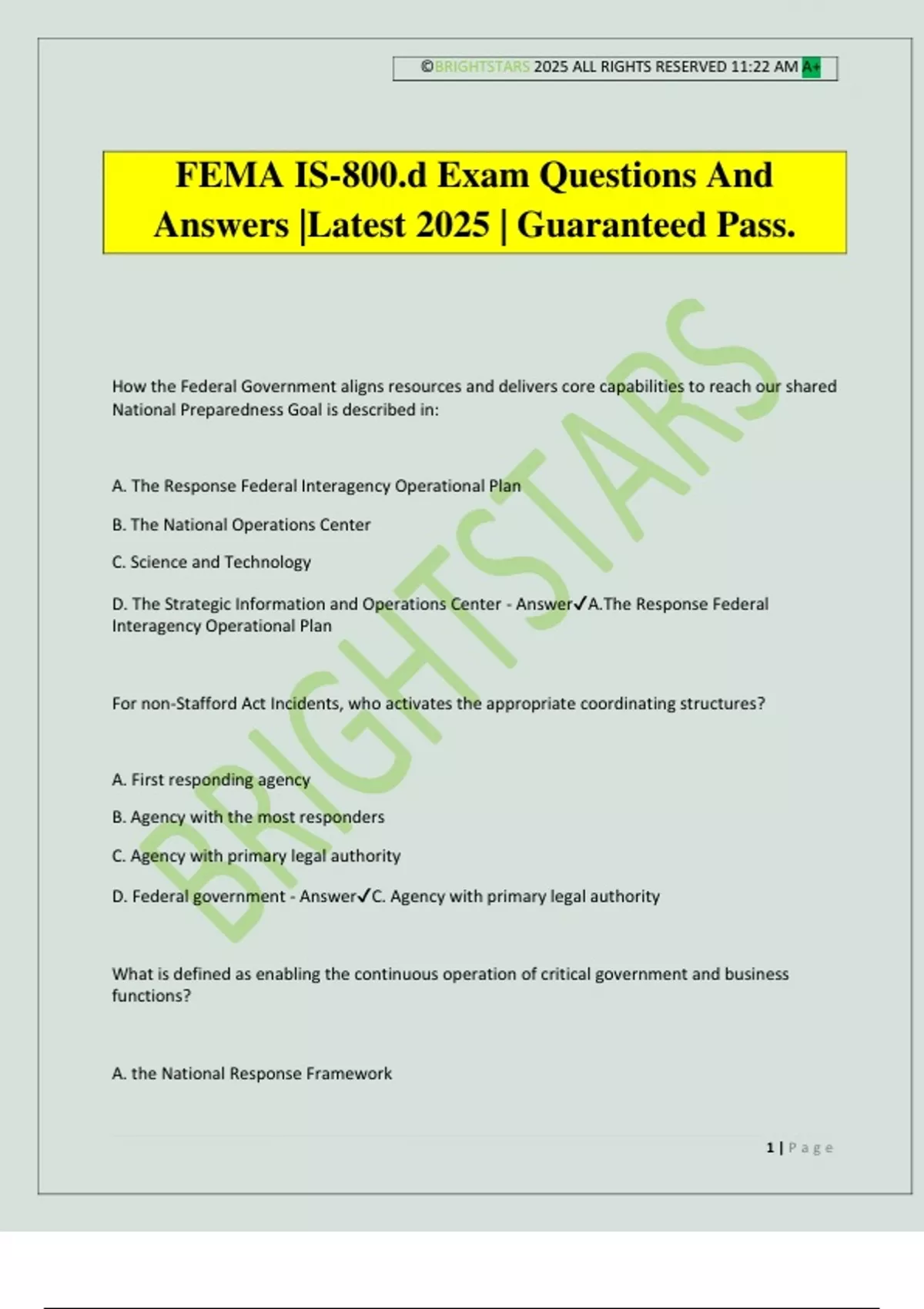 FEMA IS-800.d Exam Questions And Answers |Latest 2025 | Guaranteed Pass ...