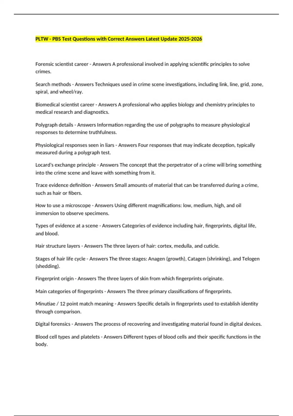 PLTW - PBS Test Questions with Correct Answers Latest Update - PLTW ...