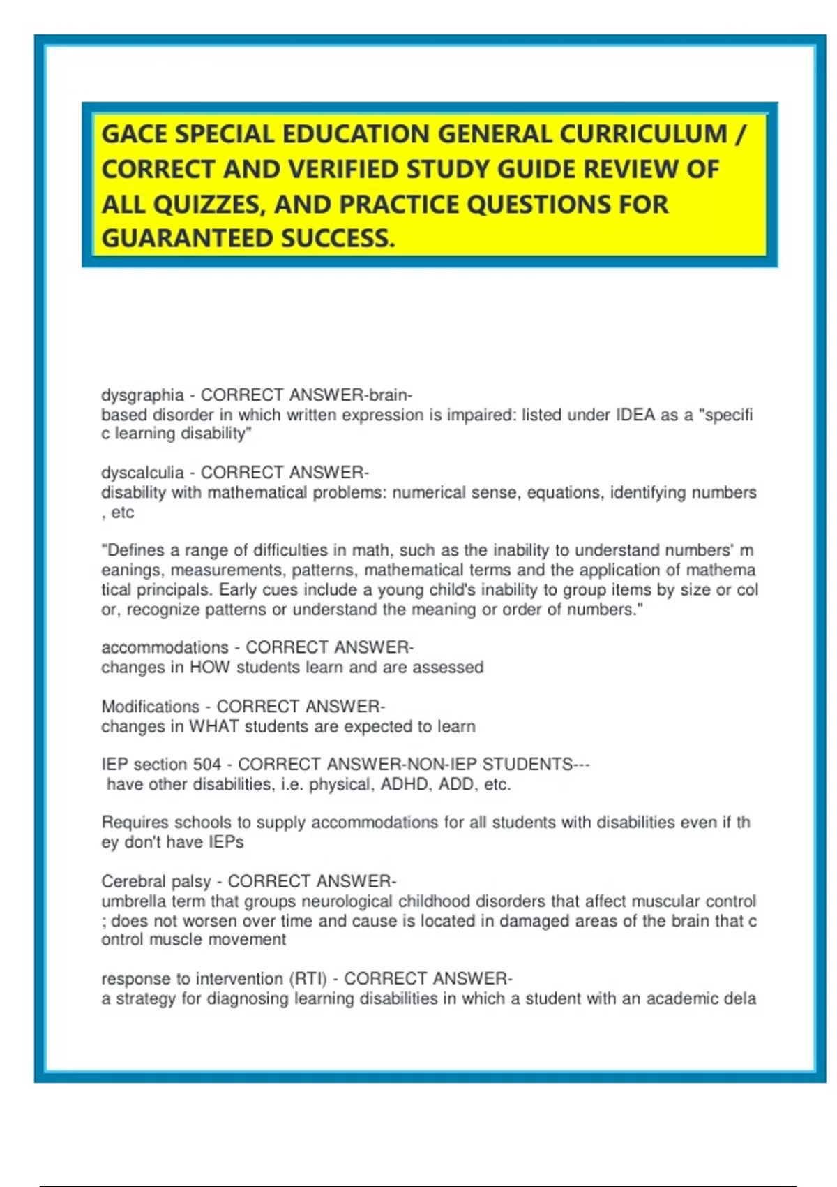 GACE SPECIAL EDUCATION GENERAL CURRICULUM / CORRECT AND VERIFIED STUDY ...