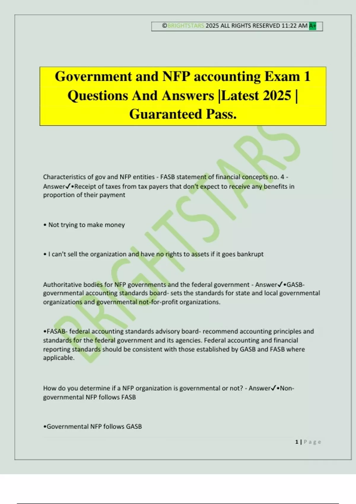Government and NFP accounting Exam 1 Questions And Answers |Latest 2025 ...