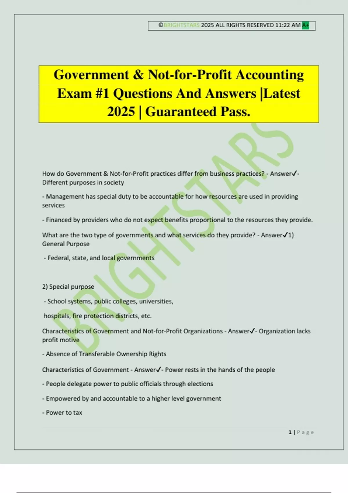 Government & Not-for-Profit Accounting Exam #1 Questions And Answers ...